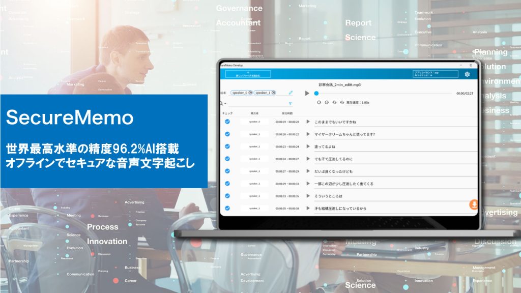 高精度 音声文字起こしツール SecureMemo|オフラインで機密情報の音声文字起こしに最適 【Lab BRAINS】－アズワン